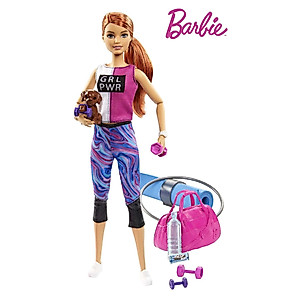 Barbie Doll, Red-Haired Fitness Doll with Puppy & 9 Accessories Including Yoga Mat with Strap, Hula Hoop, Weights & Bag