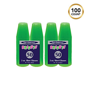 Party Essentials Disposable Hard Plastic 2-Ounce Shot/Shooter Glasses, Neon Green, 100 Count