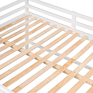 VilroCaz Full Size Low Loft Bed with Rolling Portable Desk and Drawers, Multiple Functions Wood Loft Bed Frame with Storage Shelves for Kids Teens, Sturdy Slats Support (White-Full)