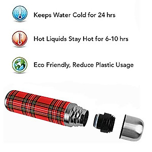 Christmas New Year Tartan Plaid Vacuum Thermos Insulated Water Bottle Stainless Steel Double Wall Flask Bottles Sports Coffee Travel Mug Cup Genuine Leather Cover BPA Free 17 Oz