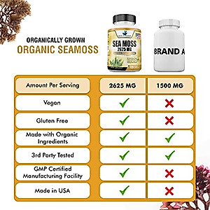 Organic Sea Moss 2625mg, Seamoss, Hand Harvested, Irish Moss Bladderwrack and Burdock Root, Sea Moss Capsules, Irish Sea Moss Alternative to Sea Moss Powder, Sea Moss Gel, 120 Vegan Capsules