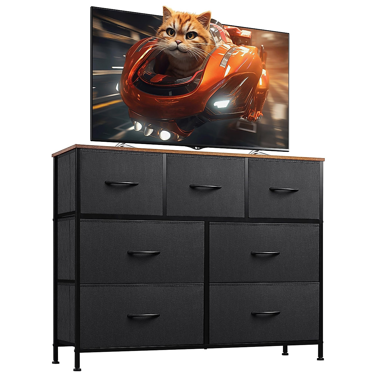 WLIVE Dresser TV Stand, Entertainment Center with Fabric Drawers, Media Console Table for TV up to 45 inch, Chest of Drawers for Bedroom, Living Room, Hallway, Black and Rustic Brown