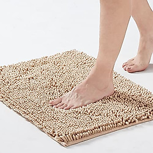 TECHMILLY Soft Fluffy Chenille Bathroom Rugs, Non Slip Absorbent Bath Mats for Bathroom, Washable and Quick Dry, Khaki, 17" x 24"