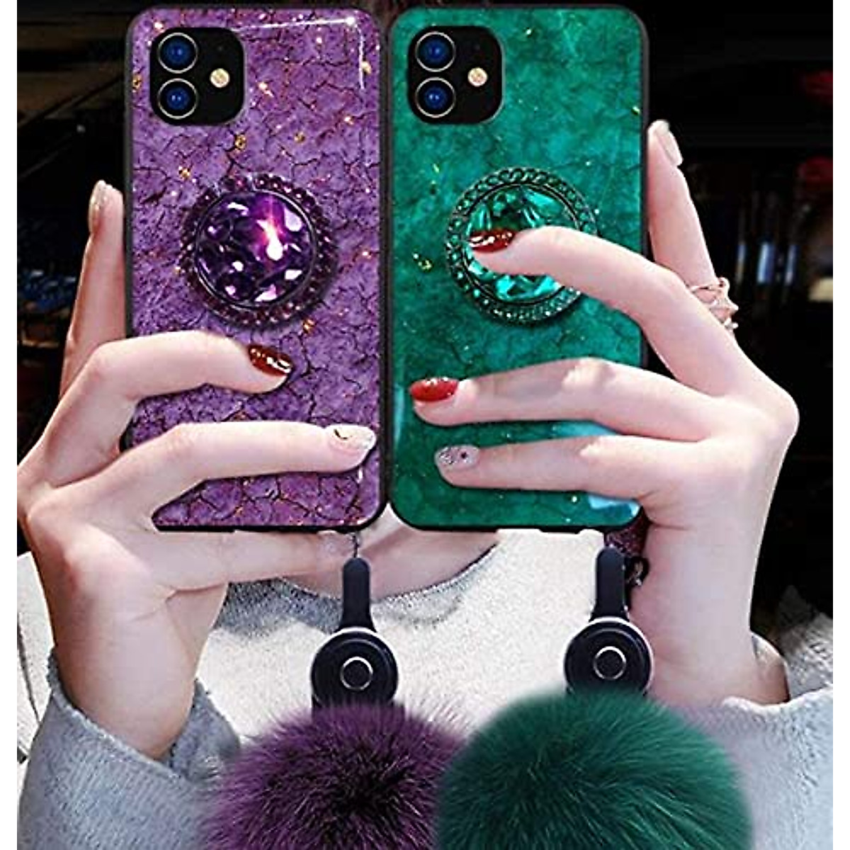 for iPhone 13 Pro Max Case Women Design with Ring Stand,Luxury Bling Glitter Marble Hard Back Soft Rugged Rubber Edge Cute Girly Shockproof Phone Cover for iPhone 13 Pro Max with Strap 6.7'' Purple