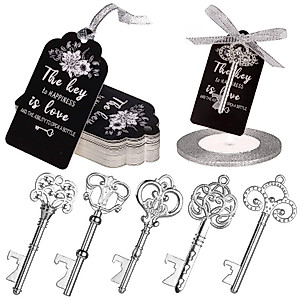 Whaline 50 Pcs Key Bottle Opener Bulk Assorted Silver Vintage Skeleton Keys with Black Tag Cards, 25 Yard Silver Ribbon for Guests Wedding Favor Bridal Baby Shower Bachelorette Party Supplies