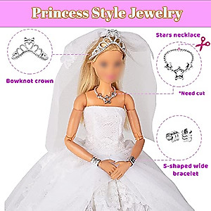 Keysse Doll Clothes Bride Wedding Dress with Bridesmaid Dress Gorgeous Trailing with Double Layer Wedding Veil, 5 Accessories, Veil + Crown + Necklace and Bracelet, Princess Party Dress for 11.5" Doll