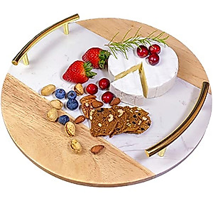Marble Cheese Board with Handle 13" Round - Beautifully Handcrafted Marble and Wood Charcuterie Board - Wonderful Housewarming Gift