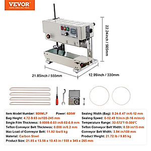 VEVOR Continuous Bag Band Sealing Machine, 0.24-0.47 in/6-12 mm Seal Width, Vertical Band Sealer Machine with Digital Temperature Control, Carbon Steel Bag Sealer for 0.02-0.8 mm Plastic Bags Films