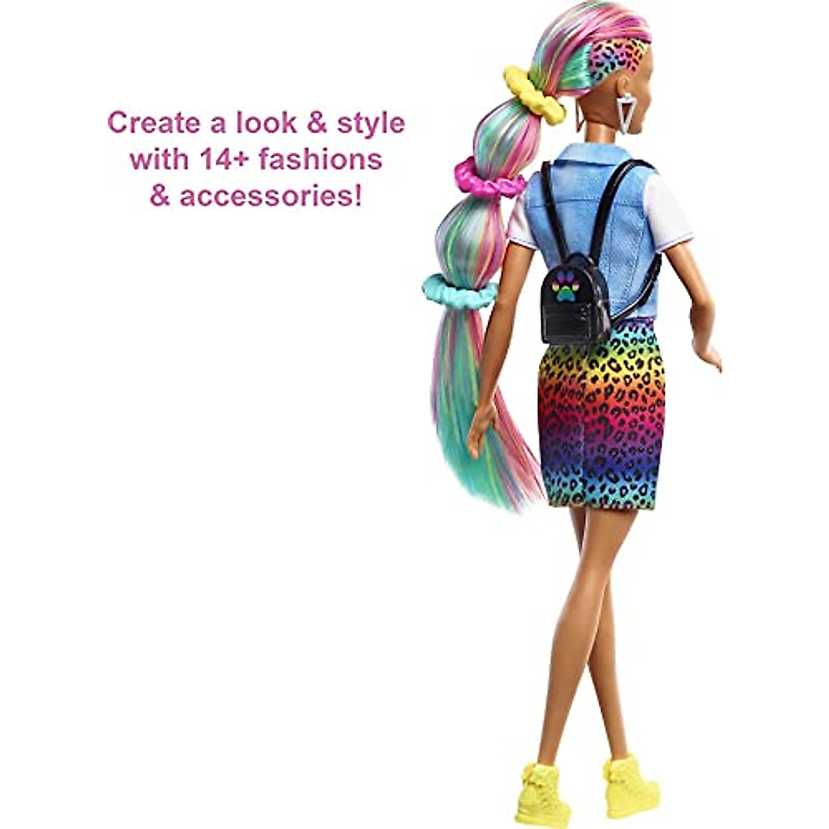 Barbie Doll Leopard Rainbow Hair Brunette With Color-Change Highlights & 16 Styling Accessories Including Clothes, Scrunchies, Brush & More