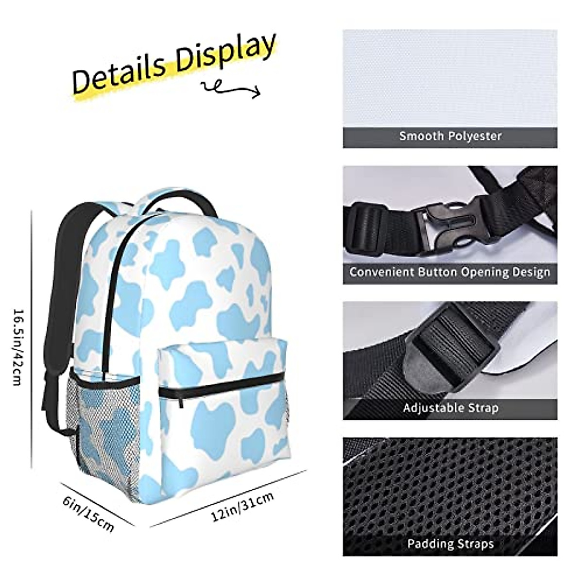 ASYG Cow Printed Backpack Cute Laptop Backpack Tablet Travel Picnic Bag Cute Laptop Bag