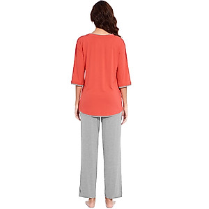 WiWi Womens 3/4 Sleeve Pajamas Set Soft Viscose from Bamboo Top with Pants Sleepwear Plus Size Lightweight Pjs S-4X, Coral+Heather Grey, Large