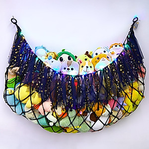 Basumee Stuffed Animals Net or Hammock with LED Light Wall Hanging Stuffed Animals Storage Large Plushie Toy Net for Stuffed Animals Hammock Room Décor with Tassels for Nursery Play Bedrooms Kids Room