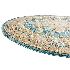 Unique Loom Aurora Collection Over-Dyed, Abstract, Botanical Southwestern, Transitional Area Rug, 8 ft x 8 ft, Teal/Beige