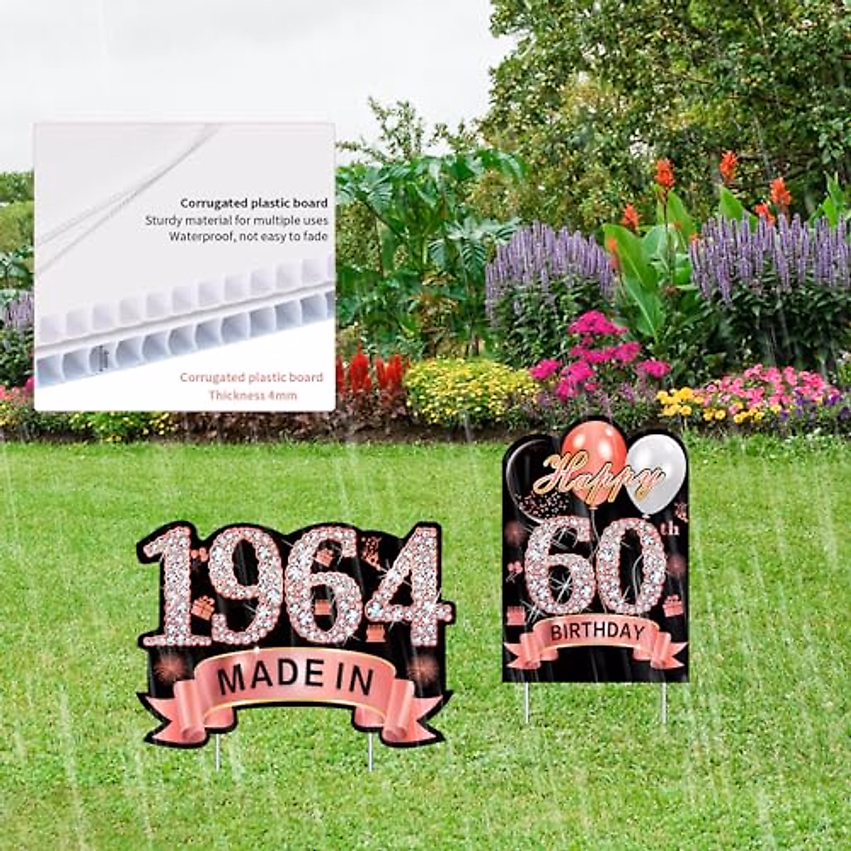 2Pcs Rose Gold 60th Birthday Yard Sign Decoration with String Lights for Women,Happy 60th Birthday Made in 1964 Lawn Sign Party Supplies, Sixty Year Old Birthday with Lights Yard Decor with Stakes