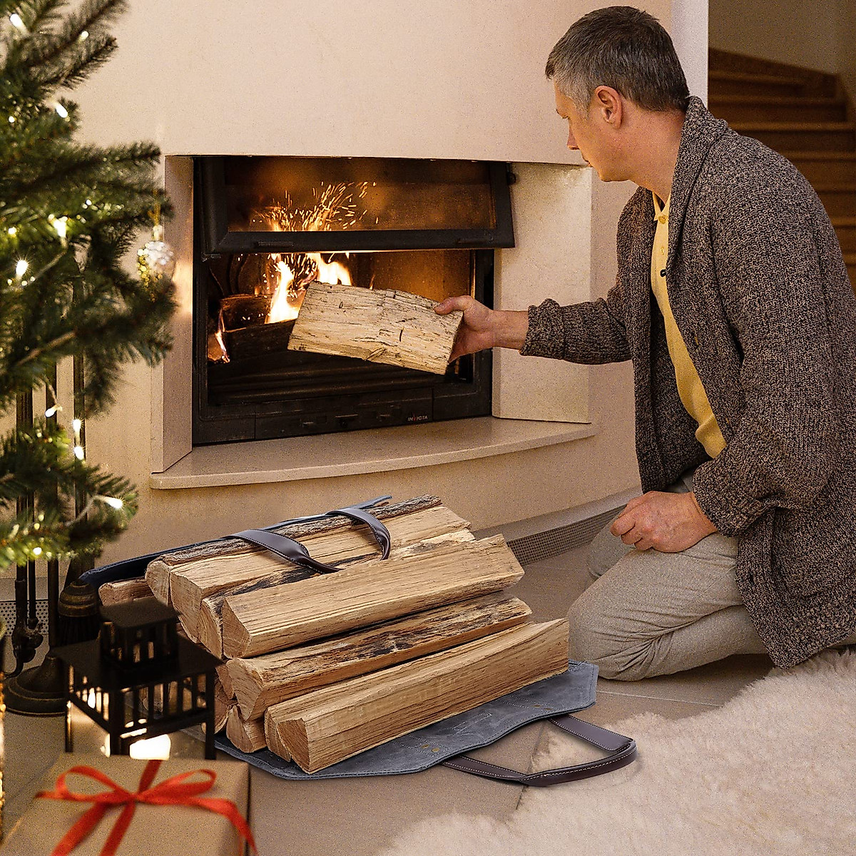 Log Carrier|Waxed Canvas Log Holder|Firewood Carrier Tote Bag|Fireplace Wood Stove Accessories-Grey