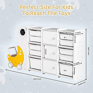 duke baby Kids 3 Layer Toy Storage Organizer with 10 Storage Bins, 3 Toy Cabinets with Doors, Display Bookshelves and Toy Cart for Kids Playroom Bedrooms Age 1-12, Space Collection Large
