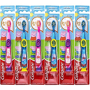 Colgate Kids Toothbrush, Peppa Pig Characters, with Suction Cup for Little Children Ages 2+, Extra Soft (Colors Vary) - Pack of 6