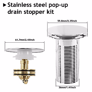Bathroom Sink Drain Kit, with Flexible Expandable P-Trap Sink Drain Pipe, Fits 1-1/4",1-1/2" and 2'' Drain Hole, Built-in Anti-Clogging Stopper, Anti-Odor Bathroom Sink Drain