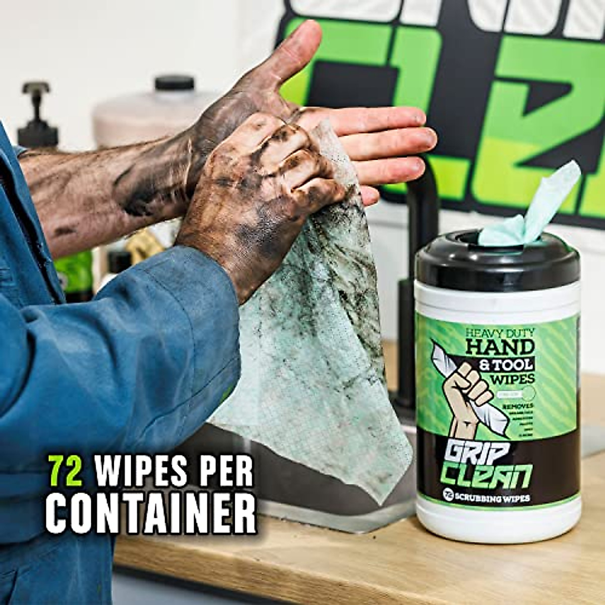 Grip Clean | Heavy Duty Hand Wipes & Cleaning Wipes for Hands, Tool, & Surfaces. Waterless Hand Cleaner For Auto Mechanics & Tool Cleaner Wipes- Citrus Scented Cleansing Wipes Remove Grease, Oil, Paint, Inks & more (72ct)