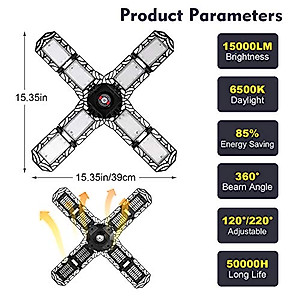 2 Pack LED Garage Light,Super Bright Screw in E26/E27 Ceiling Shop Work Lamp, 150W 15000 Lumen Deformable Basement Bulb Fixture with 8 Adjustable Panels, Commercial Bay Lighting for Workshop, Attic