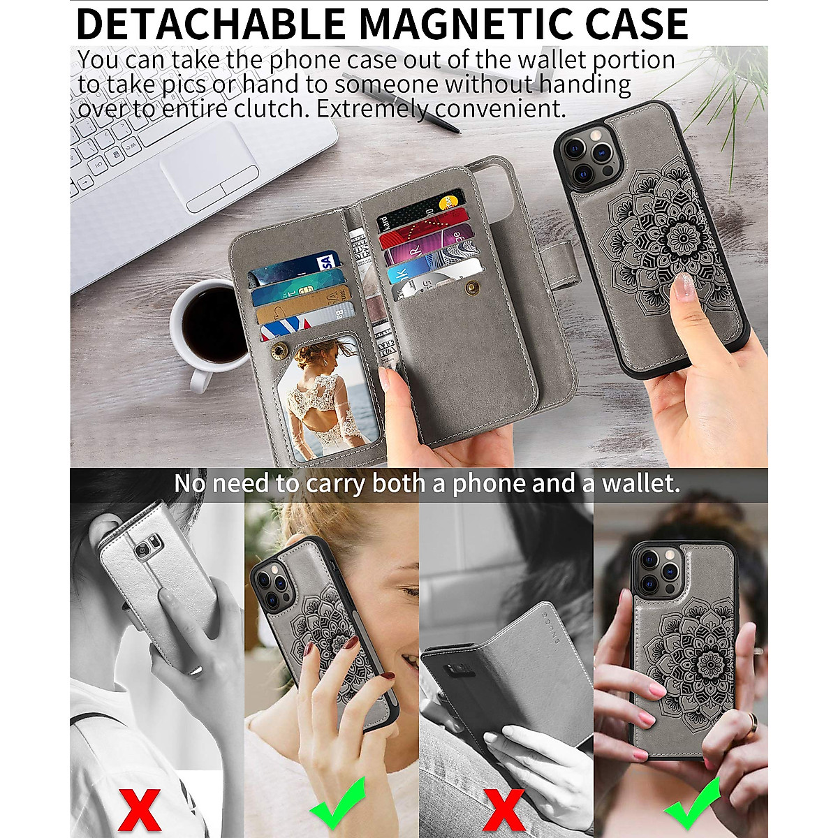 CASEOWL Compatible for iPhone 12 Pro Max Case Wallet Magnetic Detachable 2 in 1 Mandala Embossed Leather Flip Wallet Case with 9 Card Slots,Hand Strap for Women (Gray)