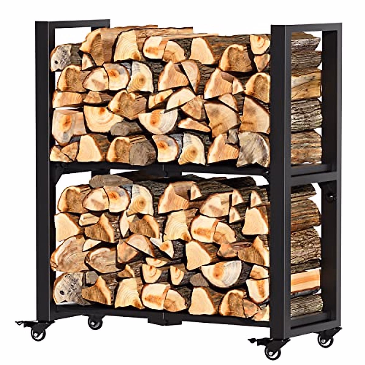 Luffioner 2 Tiers Rolling Firewood Rack,Foldable Firewood Log Storage Rack Holder with Wheels Fireside Log Rack for Indoor Fireplace or Outdoor,31"X25"x12"