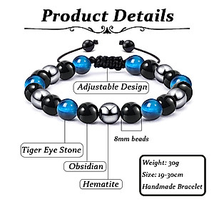 SOOWOOT 2-4Pcs Triple Protection Bracelet - Tiger Eye & Obsidian & Hematite Triple Bracelet Bring Protect Good Luck and Prosperity for Men Women (D:2pcs-Weave)