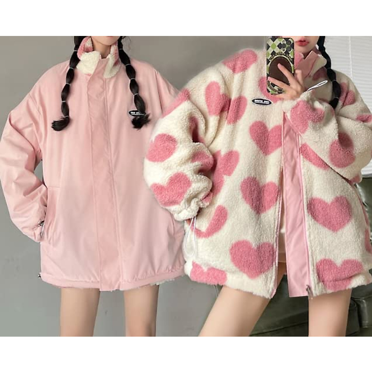 Women's Fleece Sherpa Jackets Reversible Kawaii Heart Print Fuzzy Zip Up Coats Aesthetic Y2k Winter Oversized Outwear (Pink,XL)