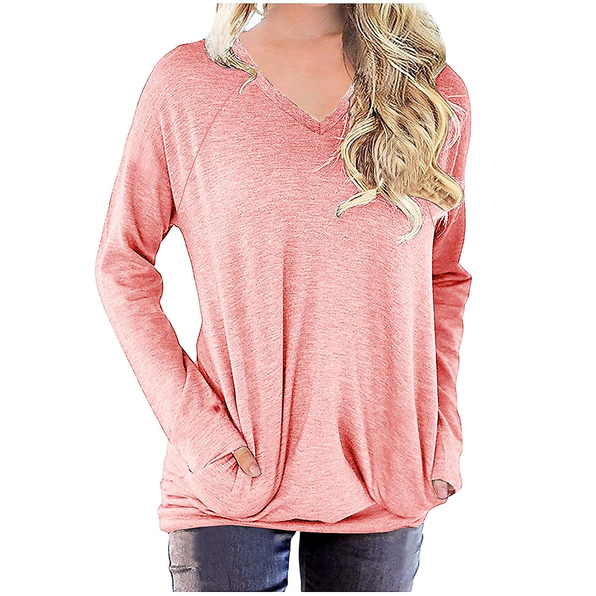 Womens Long Sleeve t Shirts Casual Loose Fit Comfy Tunic Tops Solid v Neck Fall Fashion 2023 Pullover Blouses Women Fall Fashion 2023 Pink 3X