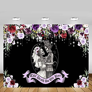 MEHOFOND 7x5ft Halloween Till Death Do Us Part Backdrop for Spooky Wedding Gothic Bridal Shower Background Violet Floral Mr and Mrs Bride and Groom Skull Anniversary Party Decorations Photo Props