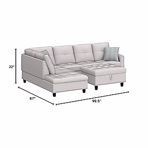 Devion Furniture Polyester Fabric Sectional Sofa with Lift-top Storage Ottoman, Tufted Design, in Light Gray Finish