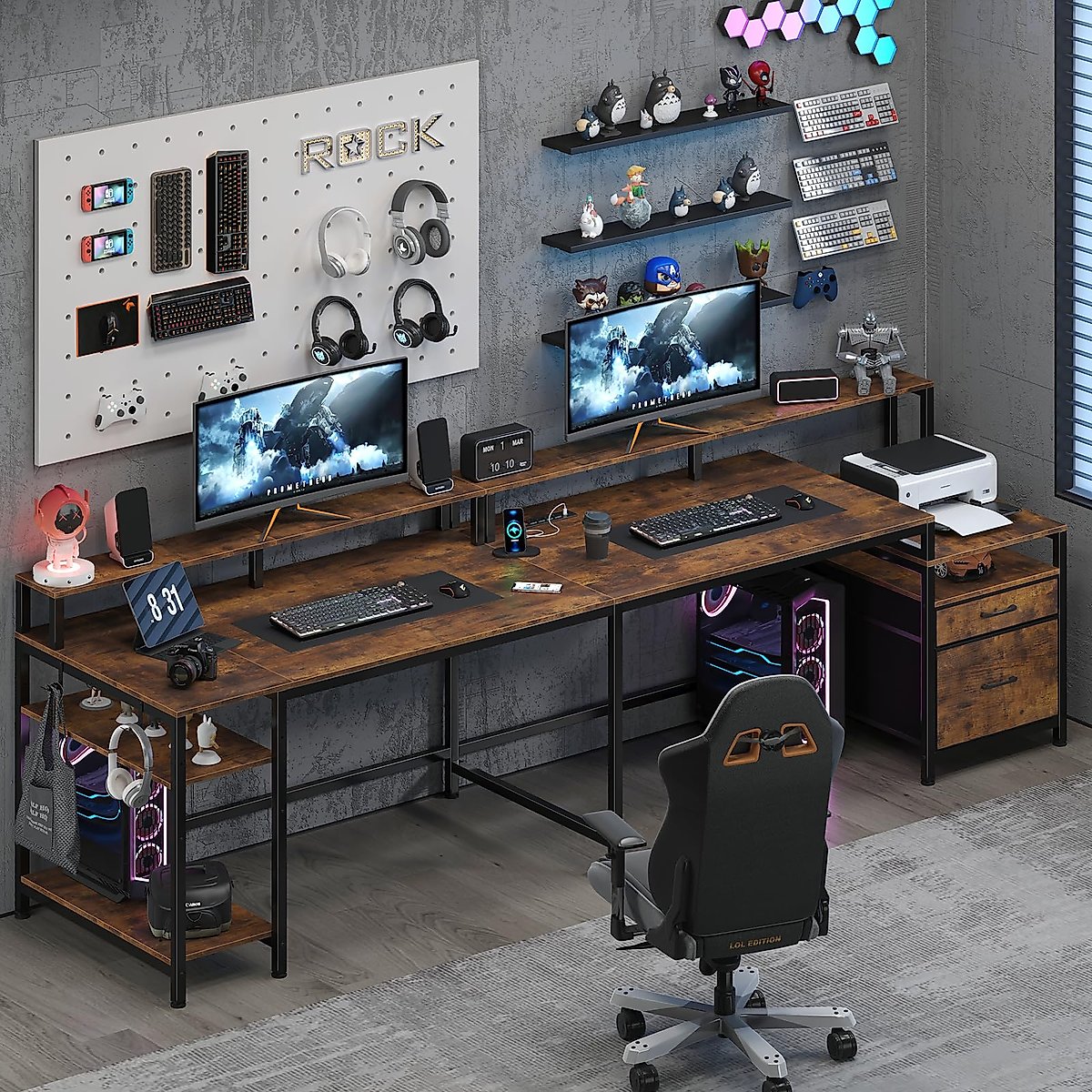 YOMILUVE 2 Person Desk with File Drawer and Storage Shelves, 103" Double Computer Desk with Power Outlet & 2 Fabric Drawers for Home Office, Reversible Computer Desk with Monitor Stand, Rustic Brown