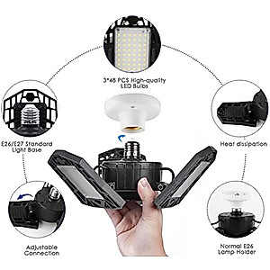 KONPWAY Deformable LED Garage Light - 6000 Lumen 2800K Warm White 60W, Three Leaf Garage Organization Ceiling Lighting
