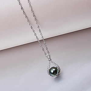 Red Lychee South Sea Cultured Black Pearl Necklace for Women 9-10 mm Round AAAA Quality Genuine Tahitian Pearl Pendant Necklaces Gift for Wife Mom Daughter