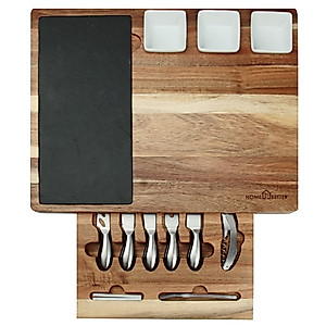 Cheese Board and Knife Set with Drawer:Large Charcuterie Board Set&Cheese Platter with Stainless Steel Knives, Bowls and Slates-House Warming&New Home Gifts,Bridal&Wedding Gifts