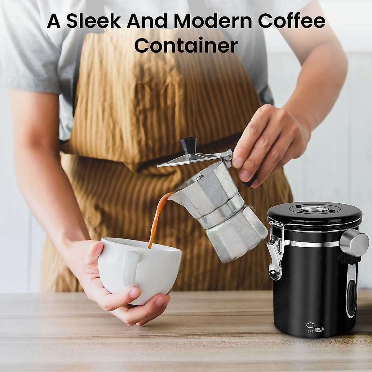 Chef's Star Coffee Canister, Airtight Coffee Container for Ground Coffee with Scoop - Stainless Steel Built In Valve, Date Tracker - For Tea, Flour, Cereal, Sugar, Coffee Bean Storage, 21 Oz, Black
