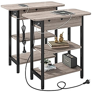 LIDYUK End Table with Charging Station, Set of 2 Flip Top Narrow Side Table for Small Spaces, Nightstands Set of 2 for Bedroom, End Tables Living Room Set of 2 with Storage Shelves, Greige