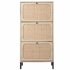 Sweiko 3 Flip Drawer Shoe Cabinet Natural Rattan Shoe Cabinet Organizer Freestanding Wooden Shoe Rack Storage Cabinet with Metal Legs for Entryway Hallway Bedroom Mudroom