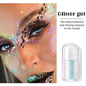HOSAILY Roll-on Holographic Body Glitter Gel for Body Face Hair, Chameleon Color Changing Glitter Gel Under Light, Chunky Mermaid Sequins Festival Party Body Shimmer Glitter Makeup (8# Sparkling Pink)