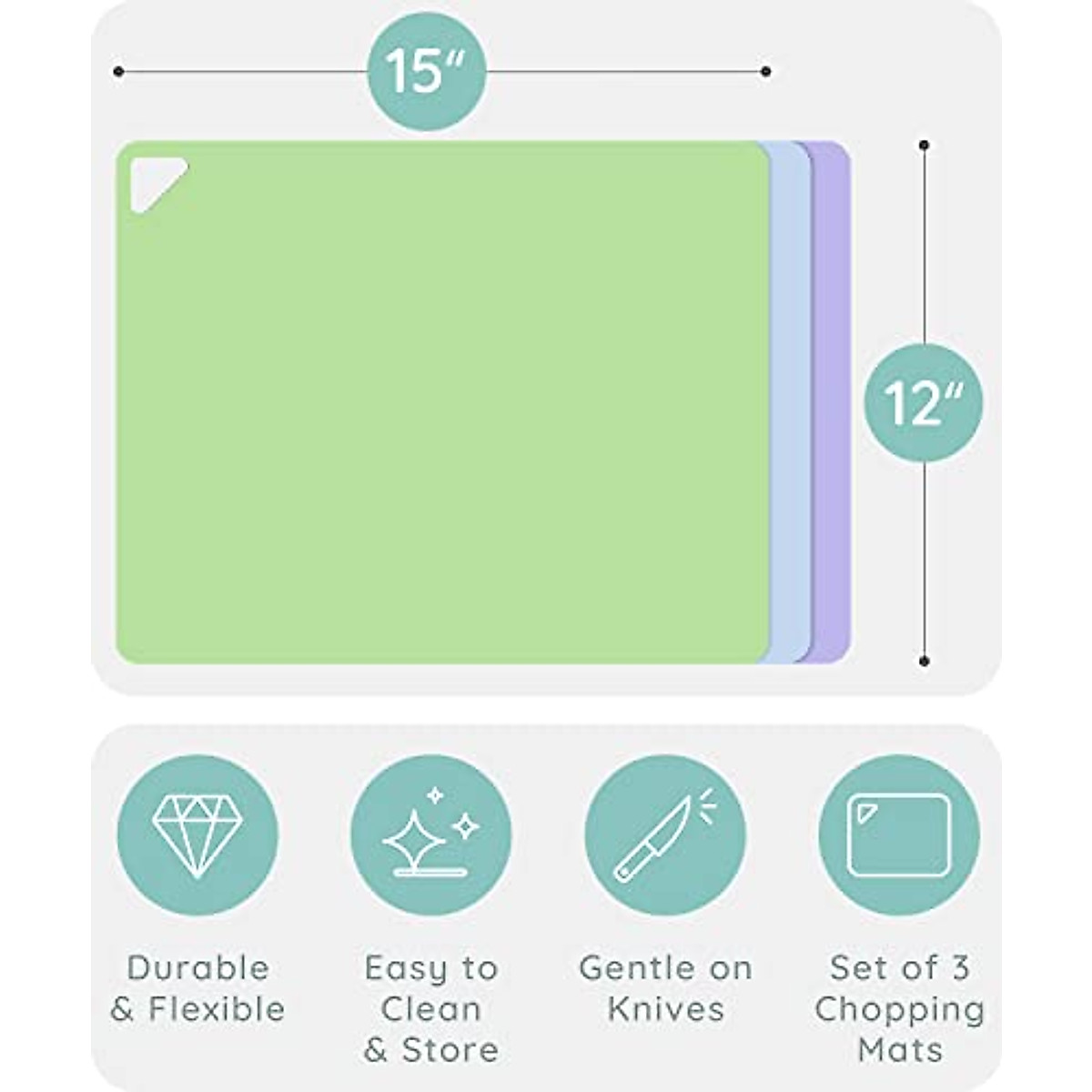 Extra Thin Flexible Cutting Boards for Kitchen - Cutting Mats for Cooking, Colored Cutting Mat Set with Easy-Grip Handles | Non Slip Cutting Sheets, Flexible Plastic Cutting Board Set of 3 (15"x12")