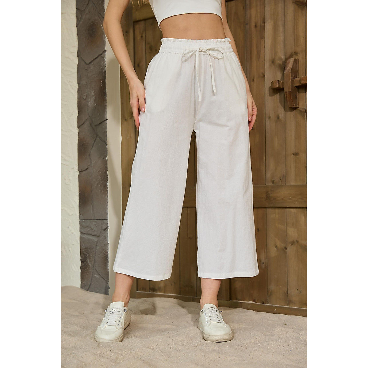 BCOFUI Womens Linen Wide Leg Pants High Waisted Drawstring Baggy Loose Beach Trousers with Pocket