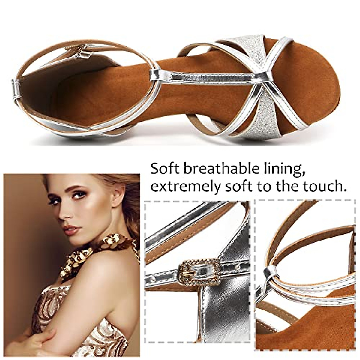 SWDZM Women Satin Latin Dance Shoes T-Strip Ballroom Salsa Chacha Performance Practice Dancing Shoes,809 Heel 3",Silver 7.5 US