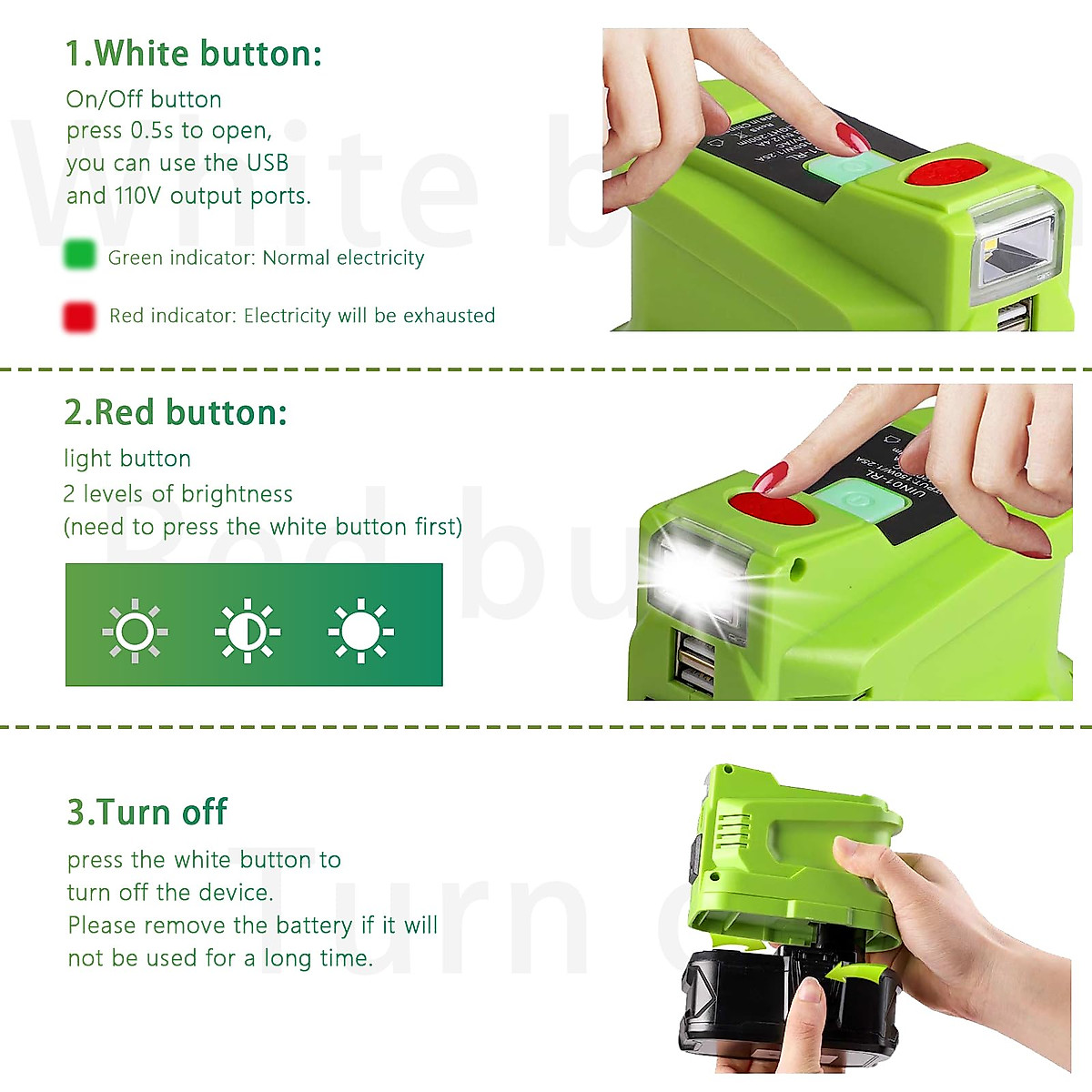 UNIKI 150W Powered Inverter Generator for Ryobi 18V Lithium Battery,for ryobi Battery Inverter Power Station with 2-USB&AC 110V-120v,200LM LED Light, USB Cable