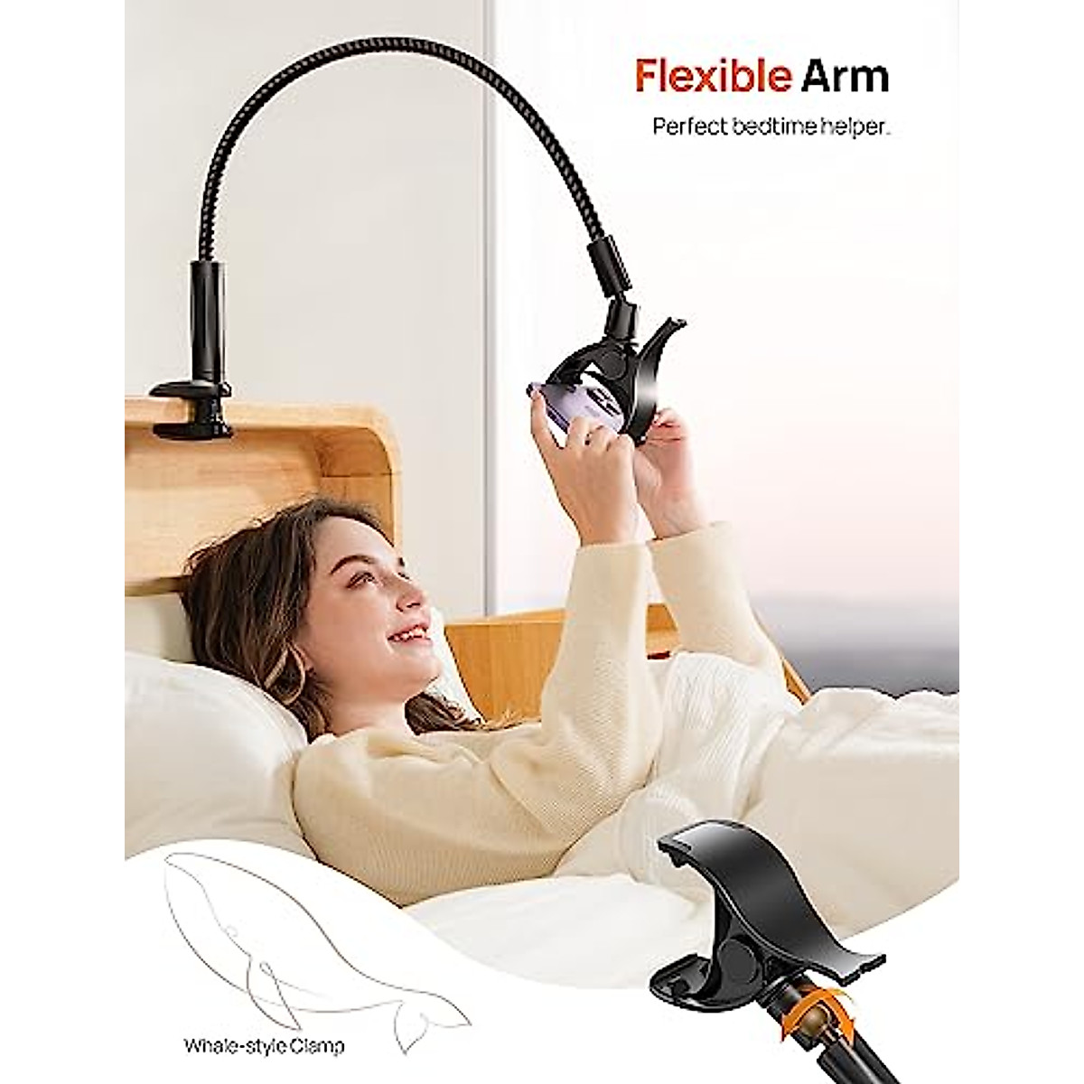 Aomiker Gooseneck Phone Holder for Bed - [2023 Upgrade Nylon Braid] 38” Flexible Lazy Arm Clip, 360 Adjustable Overhead Phone Mount for iPhone 14 13 12 11 Pro Max Mini Plus, all 4-7" Cellphone - Black