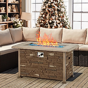 Vicluke 44 Inch Aluminum Propane Fire Pit Table w/Faux Ledgestone, Hand-Painted Table Top, 50,000 BTU Fire Table w/CSA Certification,Waterproof Cover,Glass Rock for Outdoor,Patio,Christmas(Brown)