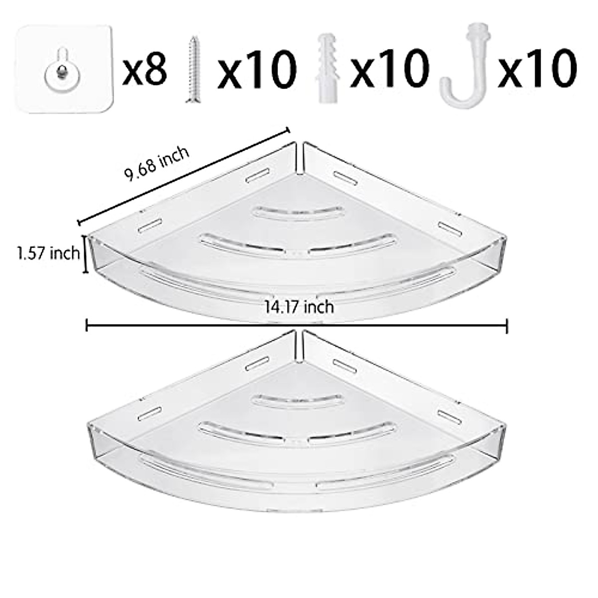 ChezMax Corner Shower Caddy, 2 Pack Adhesive Acrylic Bathroom Organizer with 10 Hooks for Shampoo Soap, Transparent Wall Mounted No Drilling Toilet Shelf, Floating Sponges Scrubbers Holder for Kitchen