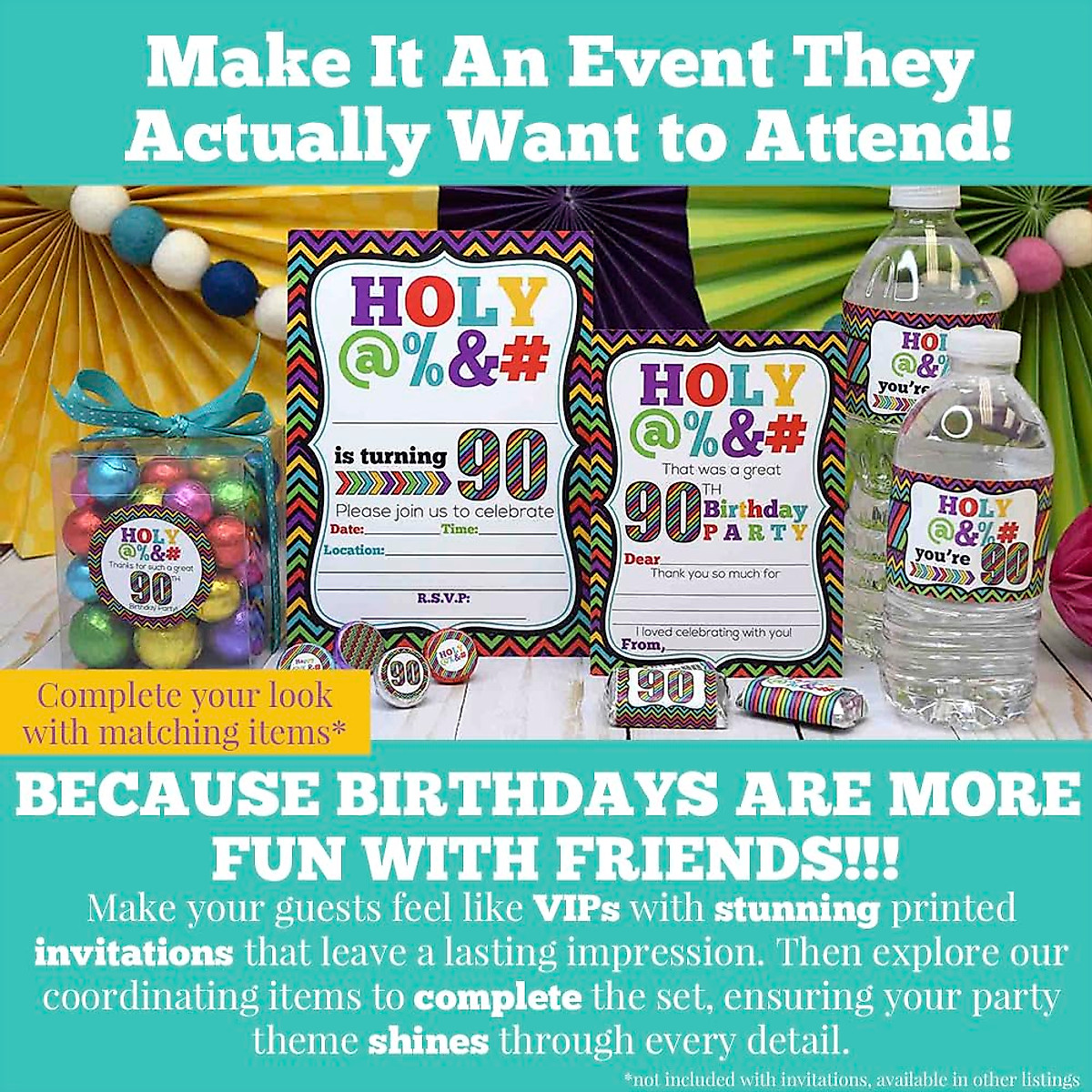 HOLY @% 90th Birthday Party Invitations, 20 Funny 5x7 Fill In Cards with Twenty White Envelopes for Milestone Birthdays by AmandaCreation