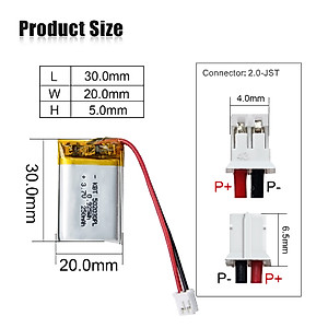 KBT 3.7V 250mAh Li-Polymer Battery:502030 Lipo Rechargeable Lithium-ion Replacement Batteries with PH2.0 2Pin JST Connector