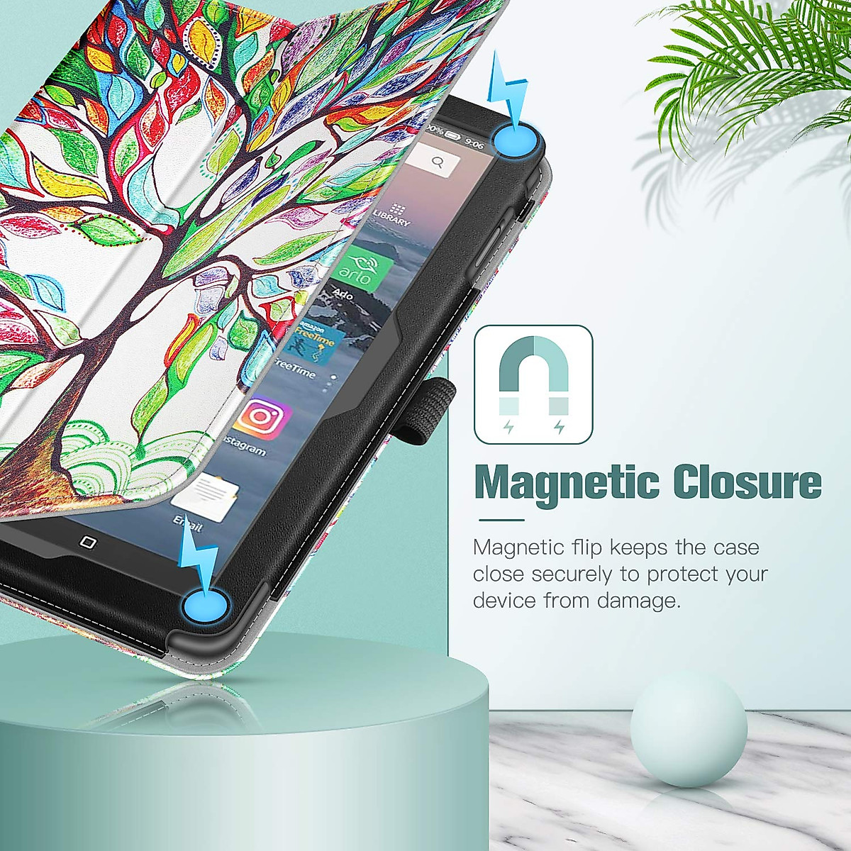 Fintie Folio Case for Amazon Kindle Fire HD 8 & Fire HD 8 Plus Tablet (12th Generation/10th Generation, 2024/2022/2020 Release)- Slim Fit Vegan Leather Stand Cover with Auto Sleep/Wake, Love Tree