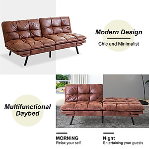 Maxspeed Sofa Bed, Convertible Memory Foam Sofa, Modern Loveseat Sleeper with Adjustable Armrests and Backrest, Faux Leather Futon for Living Room, Office, Small Space, Brown